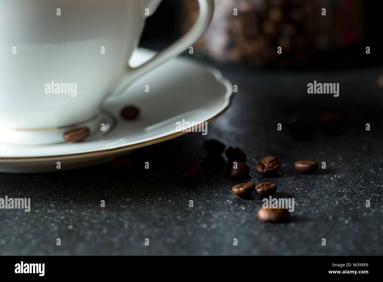 Coffee composition with tools for preparing espresso on dark background ...