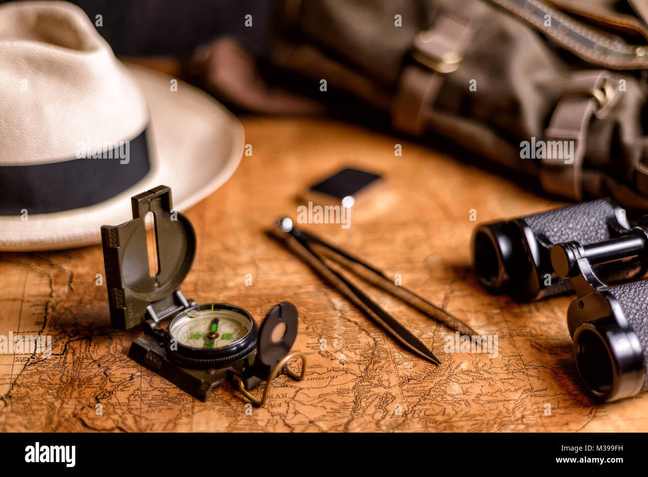 old expedition map with compass and binoculars Stock Photo - Alamy
