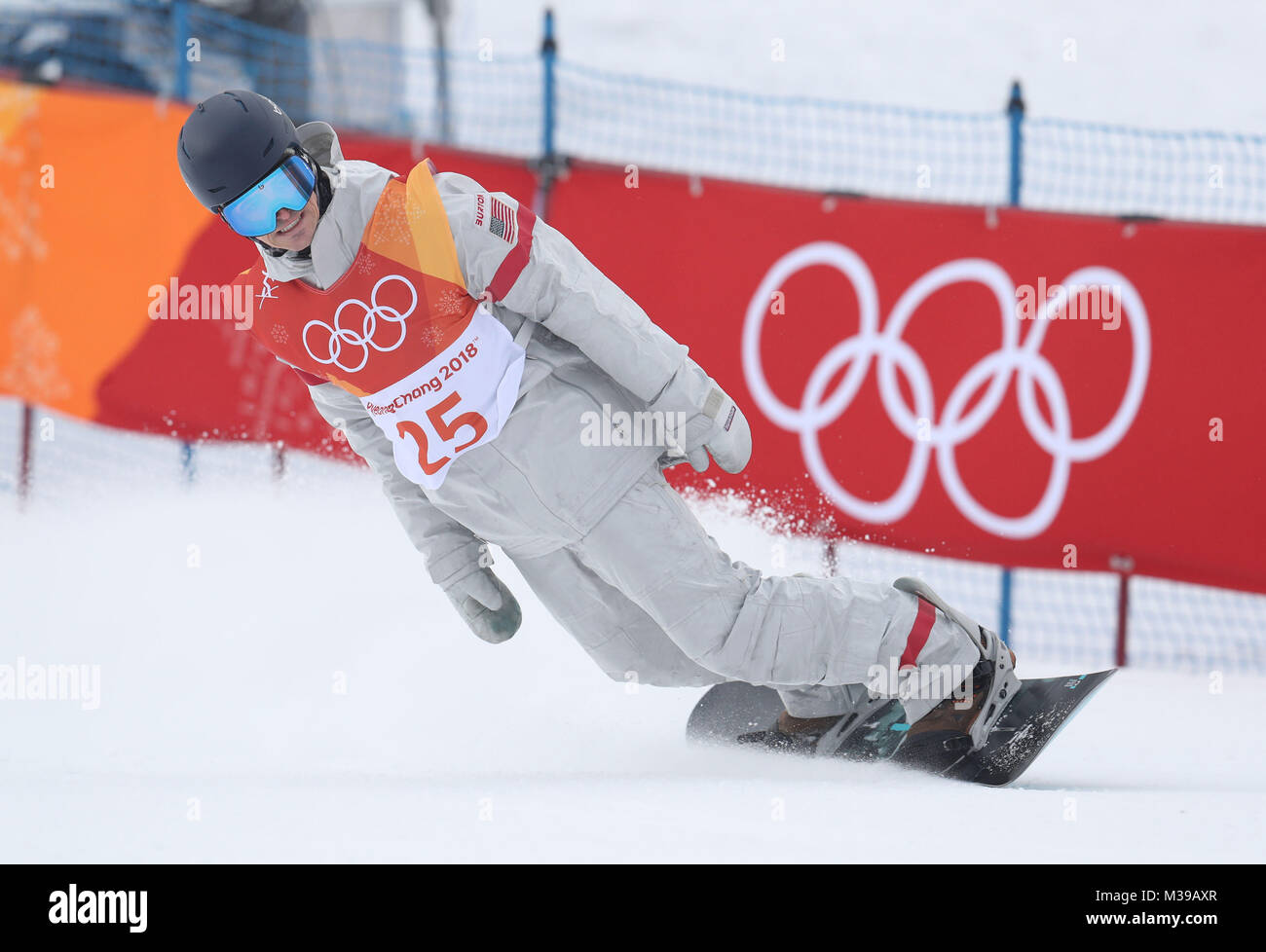 USA's Ryan Stassel in run 1 of qualification for Men's Snowboard ...