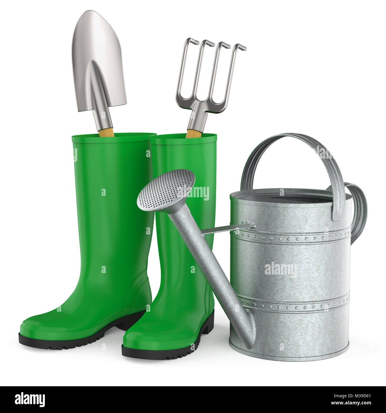 Green boots with watering can, shovel and hoe, isolated on white ...