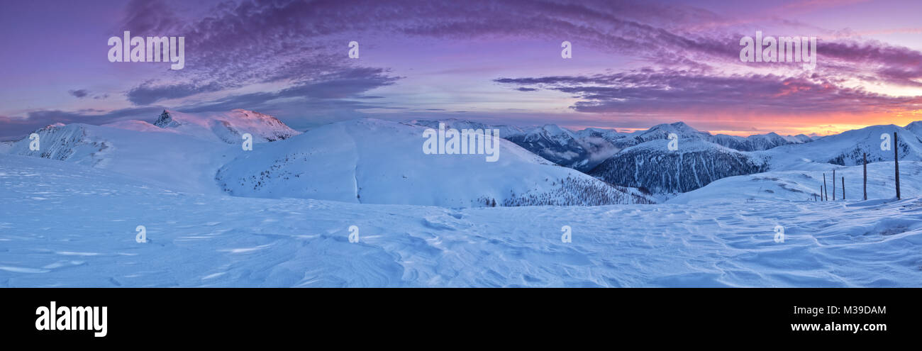Beautiful panoramic Alpine landscape in sunset light. Winter outdoor ...