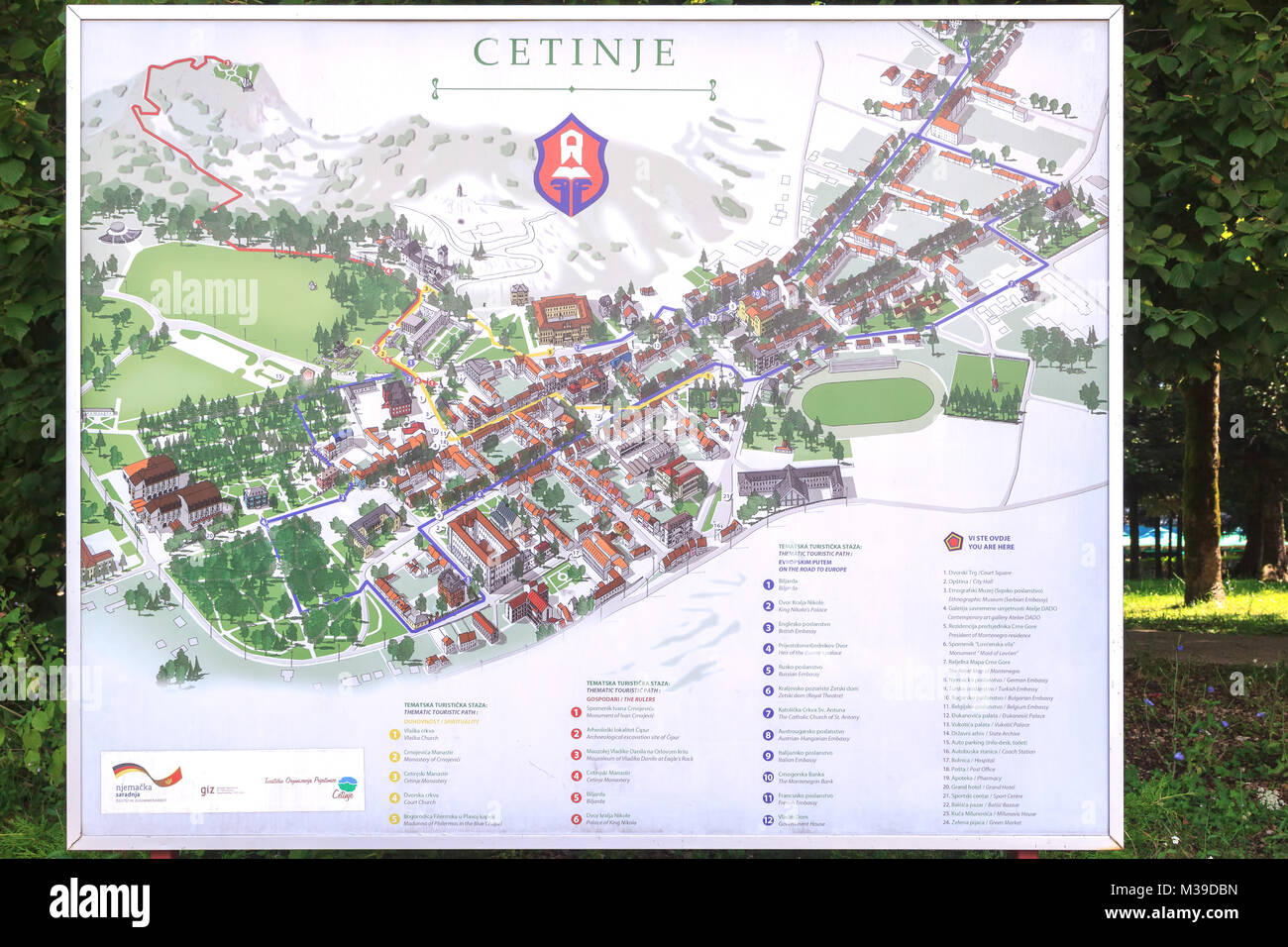 CETINJE, MONTENEGRO - AUGUST 3, 2014: Touristic map of Cetinje city ...
