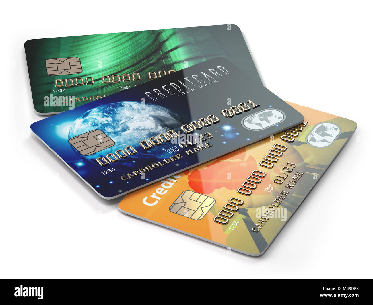 Three colored credit cards isolated on white background, 3d ...