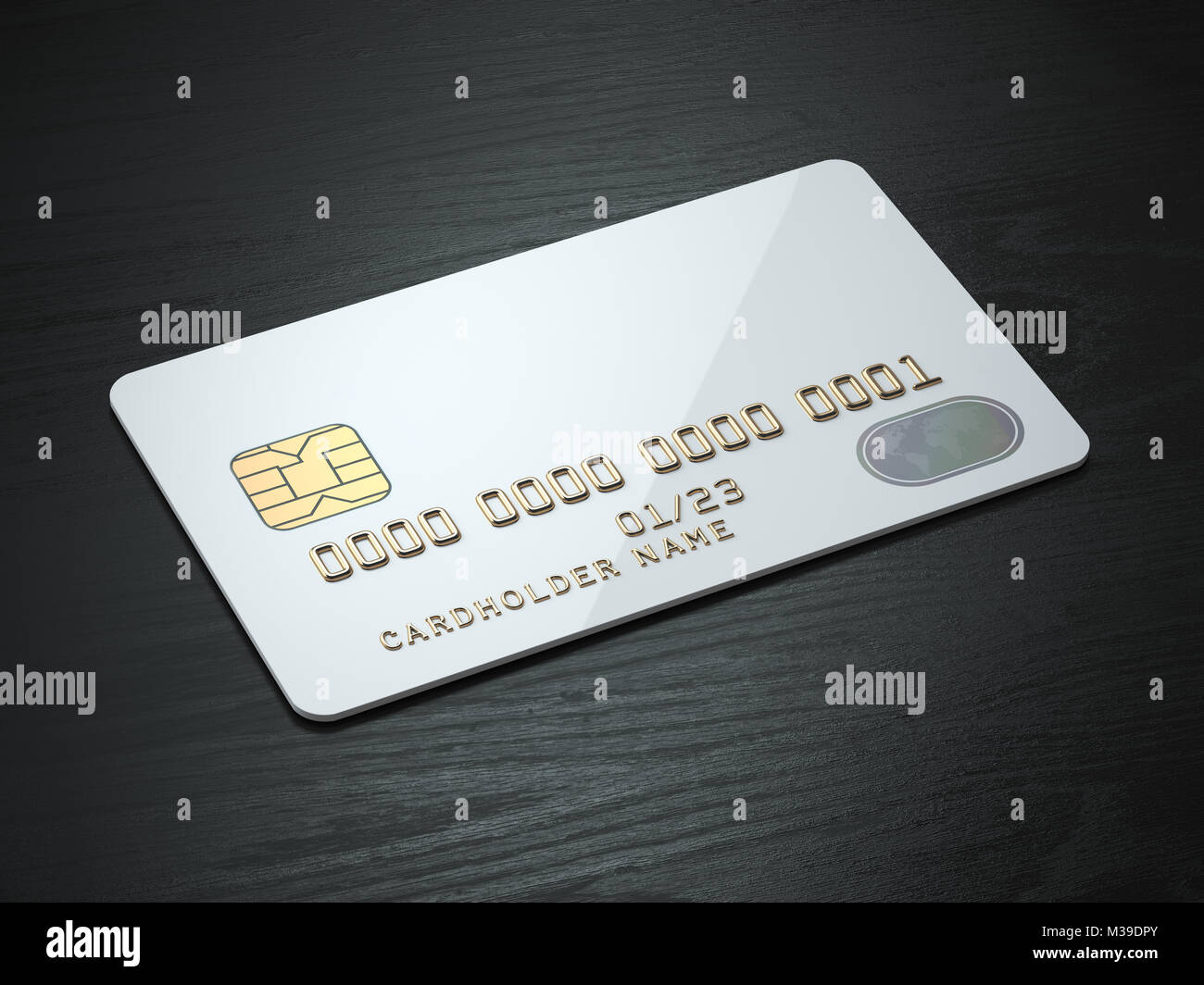 White blank credit cards mockup on black wood table background. 3d ...