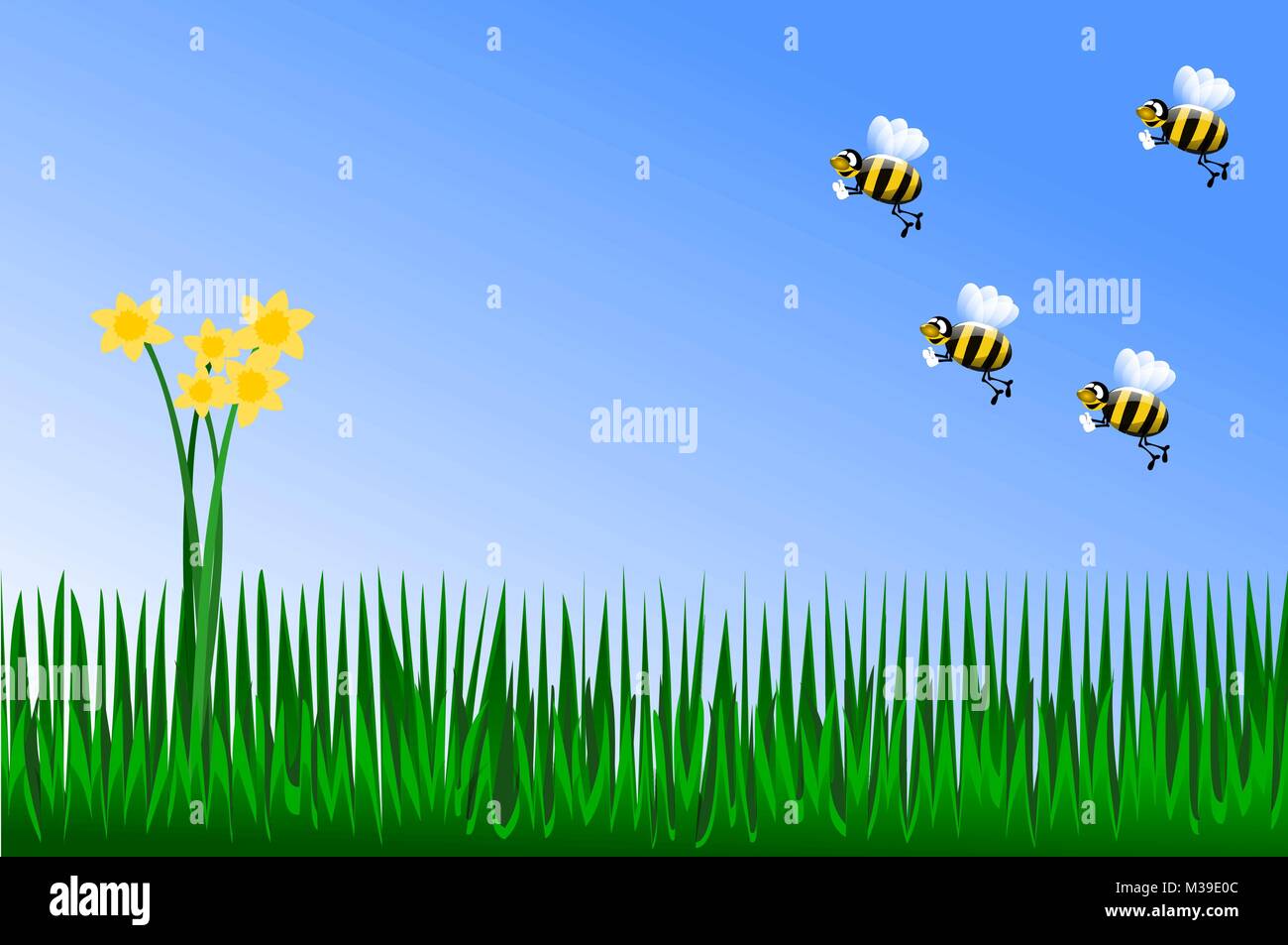 Yellow flowers in the grass with bees, spring time illustration Stock ...