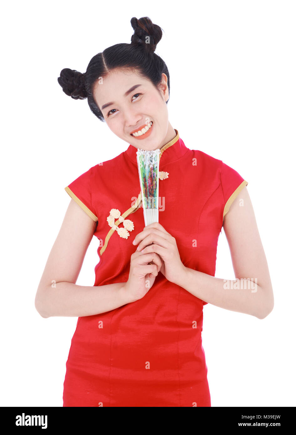 woman wearing chinese cheongsam dress and holding a chinese fan ...