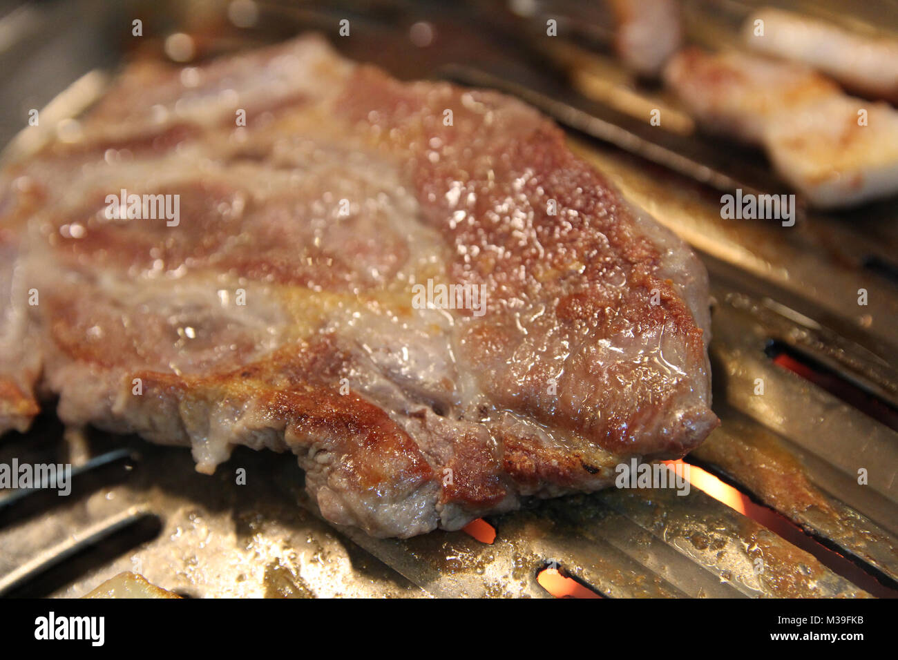 Korean grilled pork BBQ (Samgyeopsal-gui) with charcoal at Korean ...