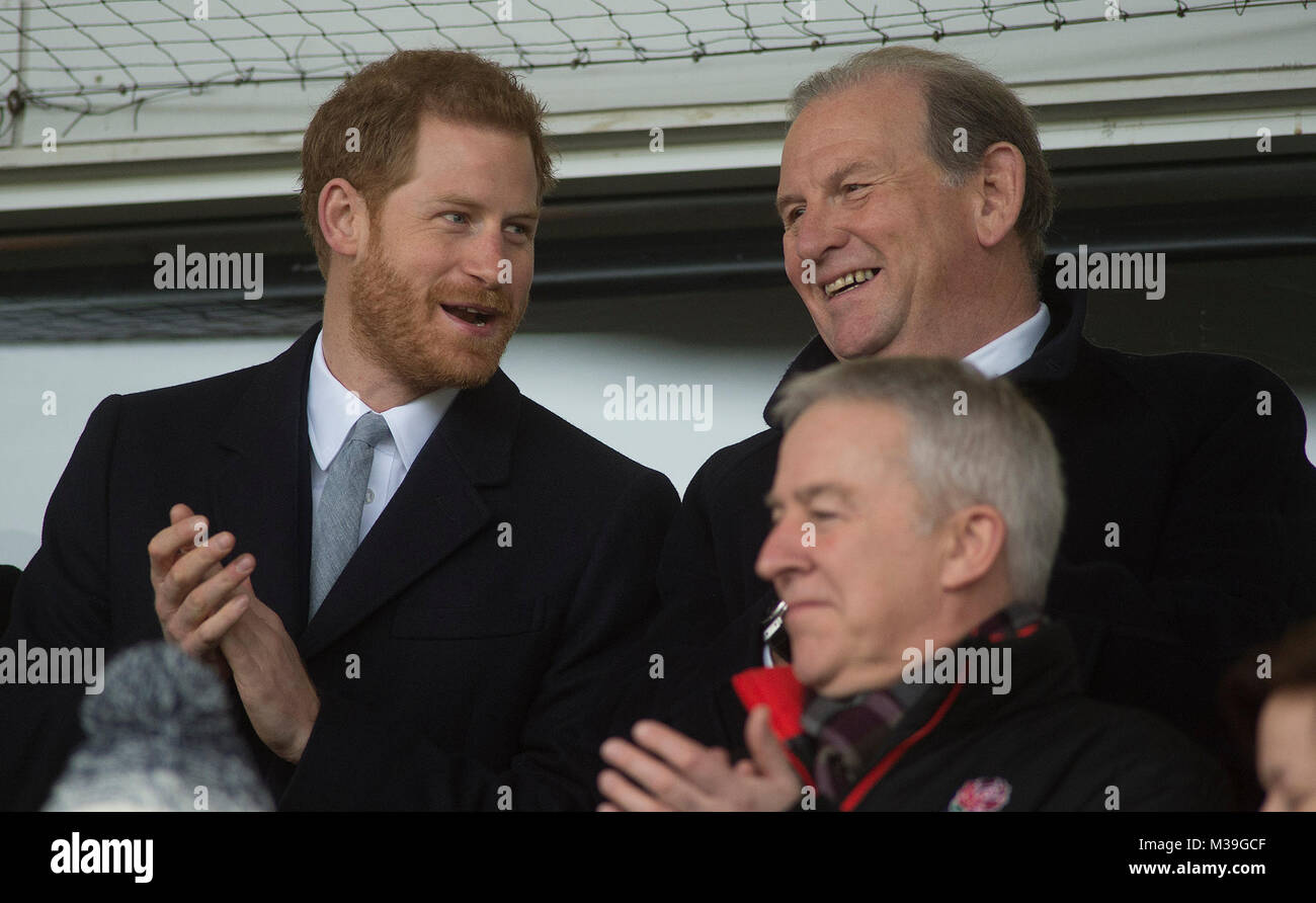 Prince Harry and RFU Chairman Andy Cosset (right) in the stands during ...