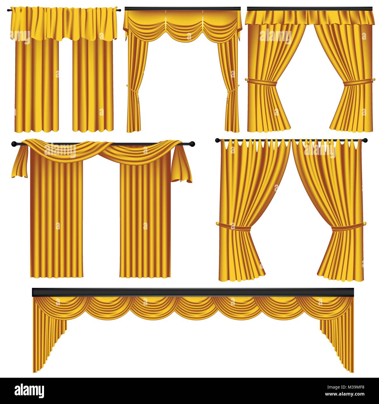 Set of golden luxury curtains and draperies on white background ...