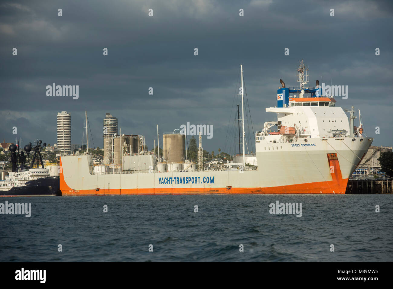 Yacht Express, yacht transport ship alongside in Auckland Stock Photo ...