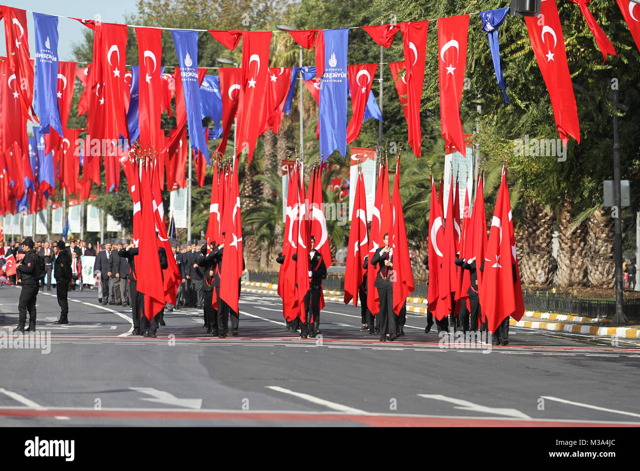 ISTANBUL, TURKEY - OCTOBER 29, 2017: People march with flags during 29 ...