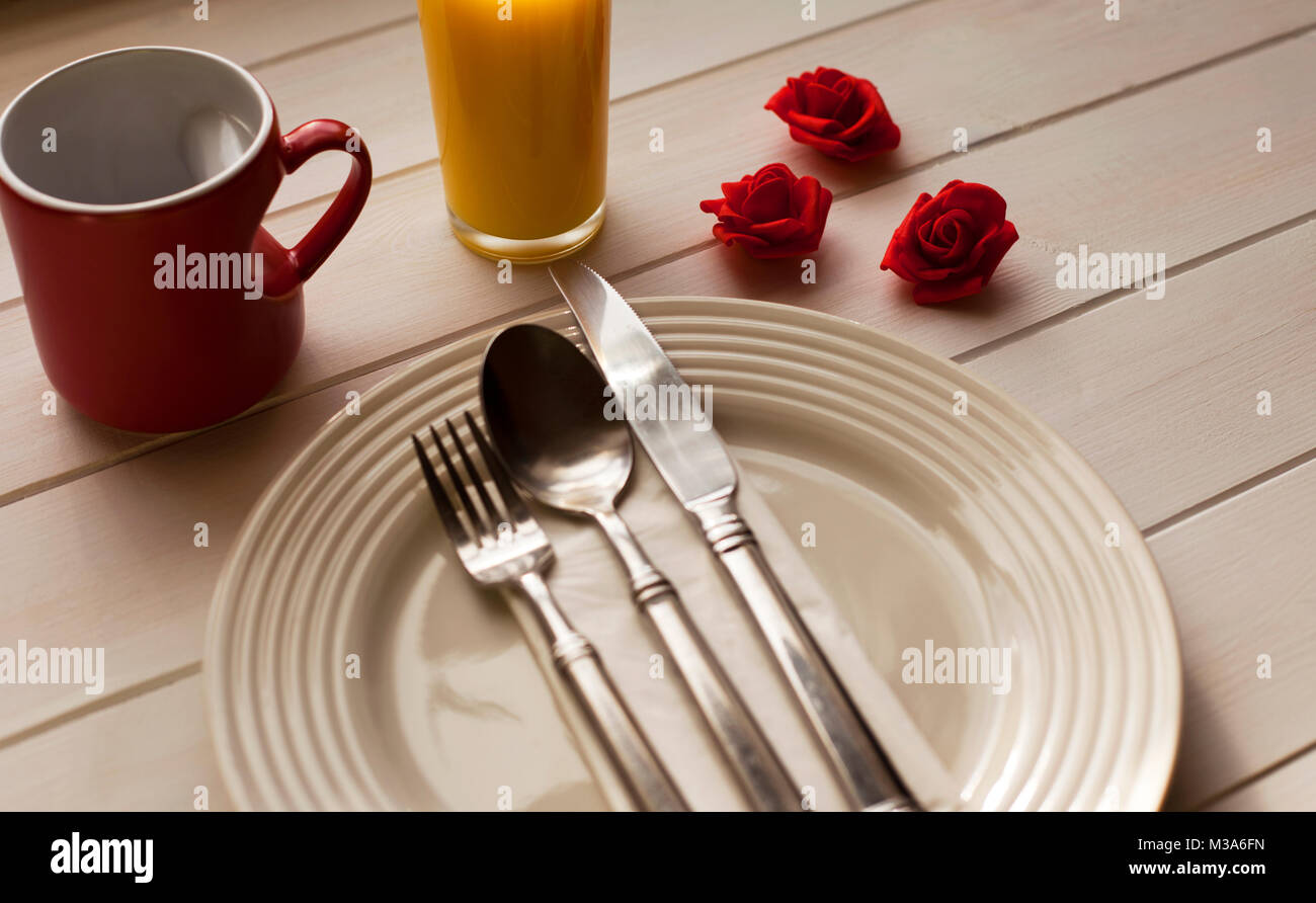 Breakfast table set for valentine's breakfast Stock Photo - Alamy