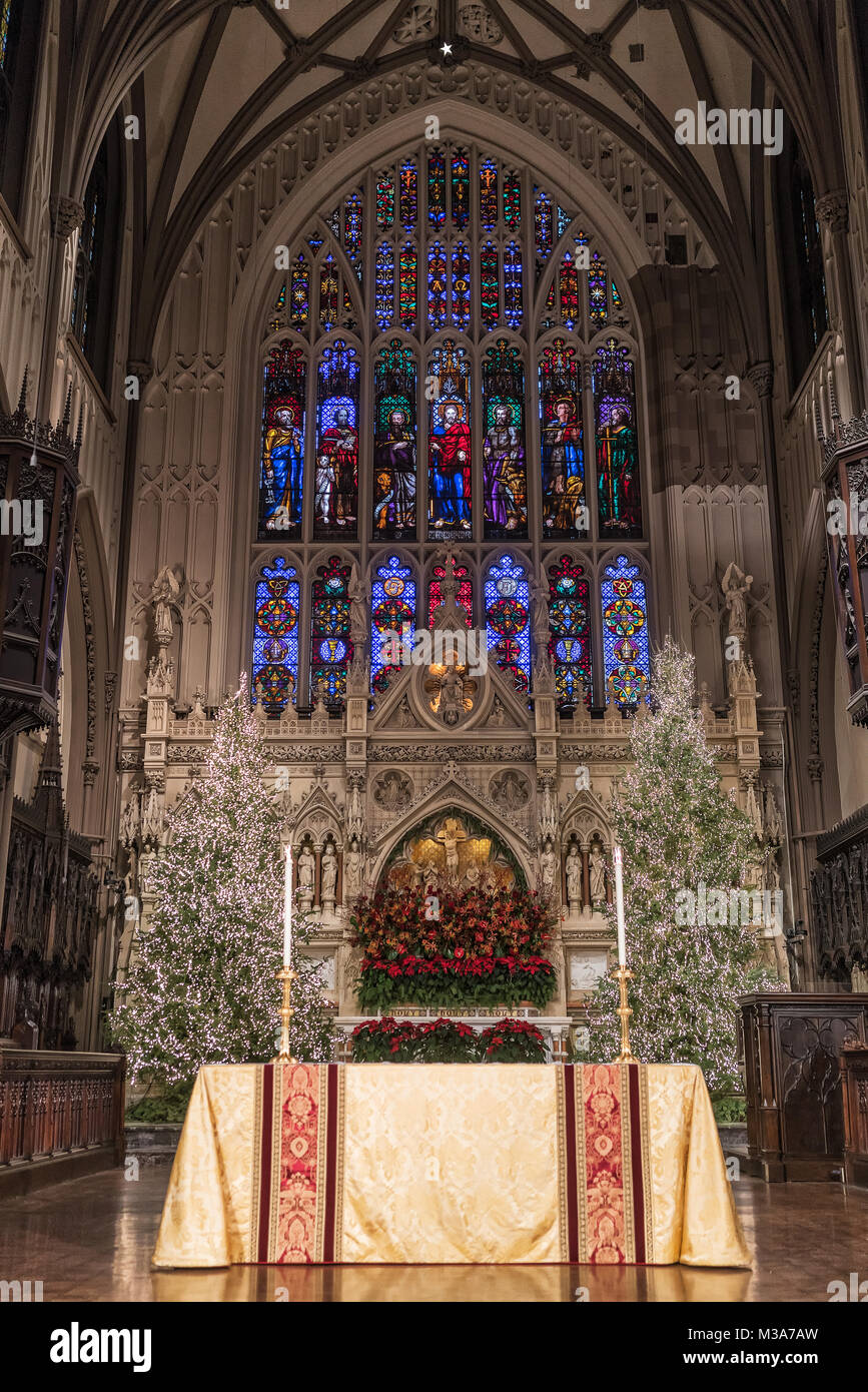 Church church interior with christmas trees Stock Photo - Alamy