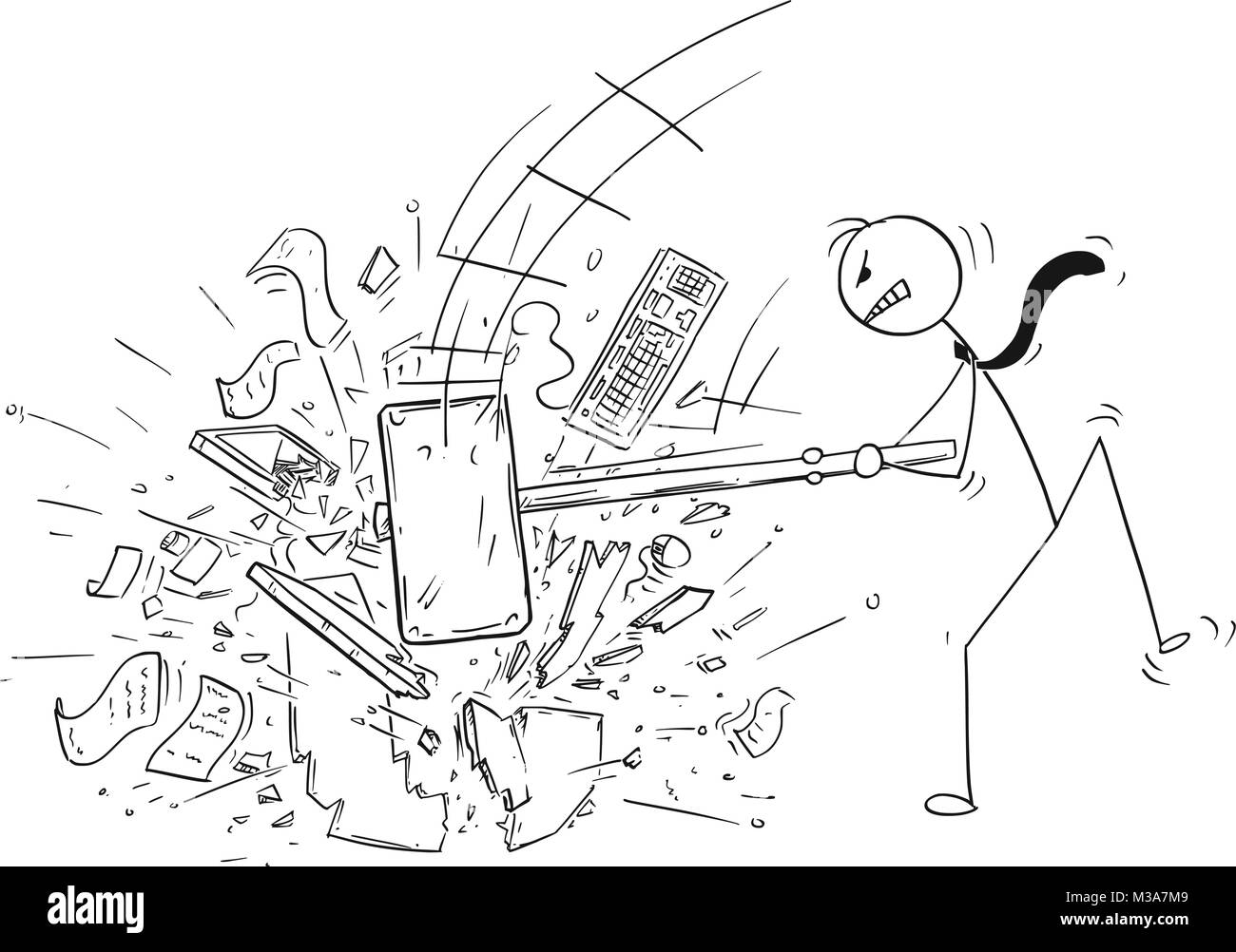Cartoon of Angry Businessman Destroying Office Computer by Large ...