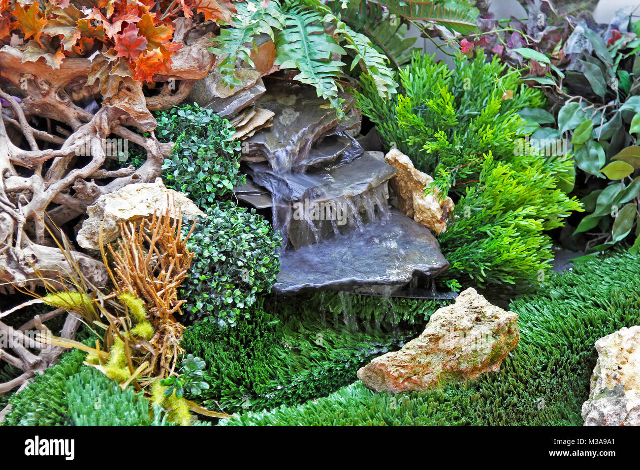 Detail of Japanese garden with spring water and leaves Stock Photo - Alamy