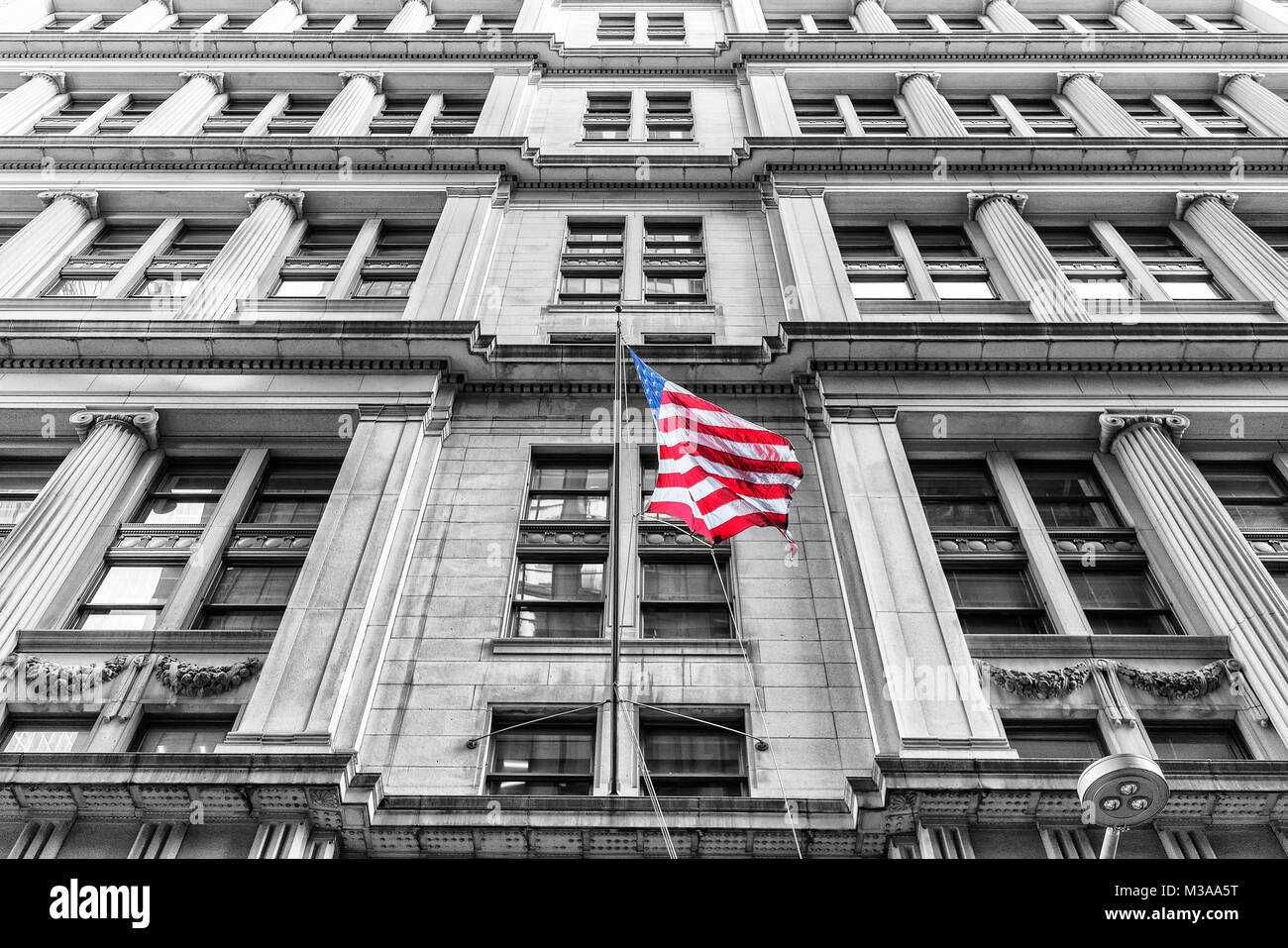 American flag with building behind. Perspective view. Cut out version ...