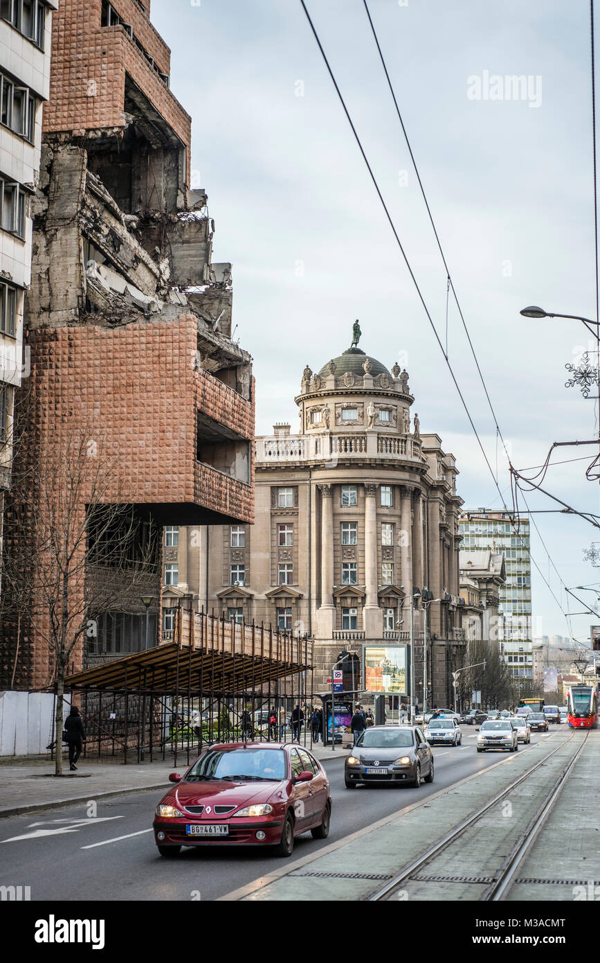 The remains of a building that was bombed by NATO in 1999 in the center ...