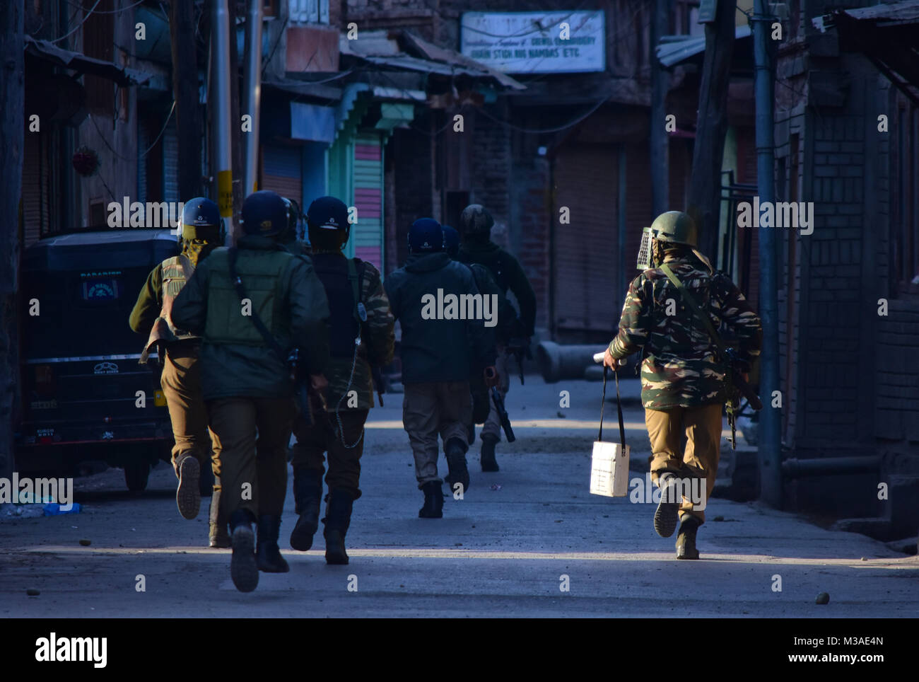 Srinagar, India. 09th Feb, 2018. Indian Forces chase the protestors ...