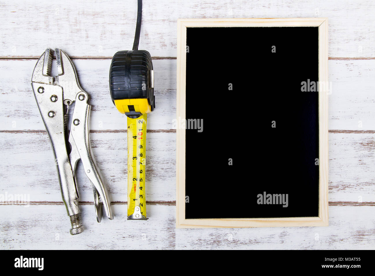 Blank blackboard and Set of repair hand tools.Template mock up for ...