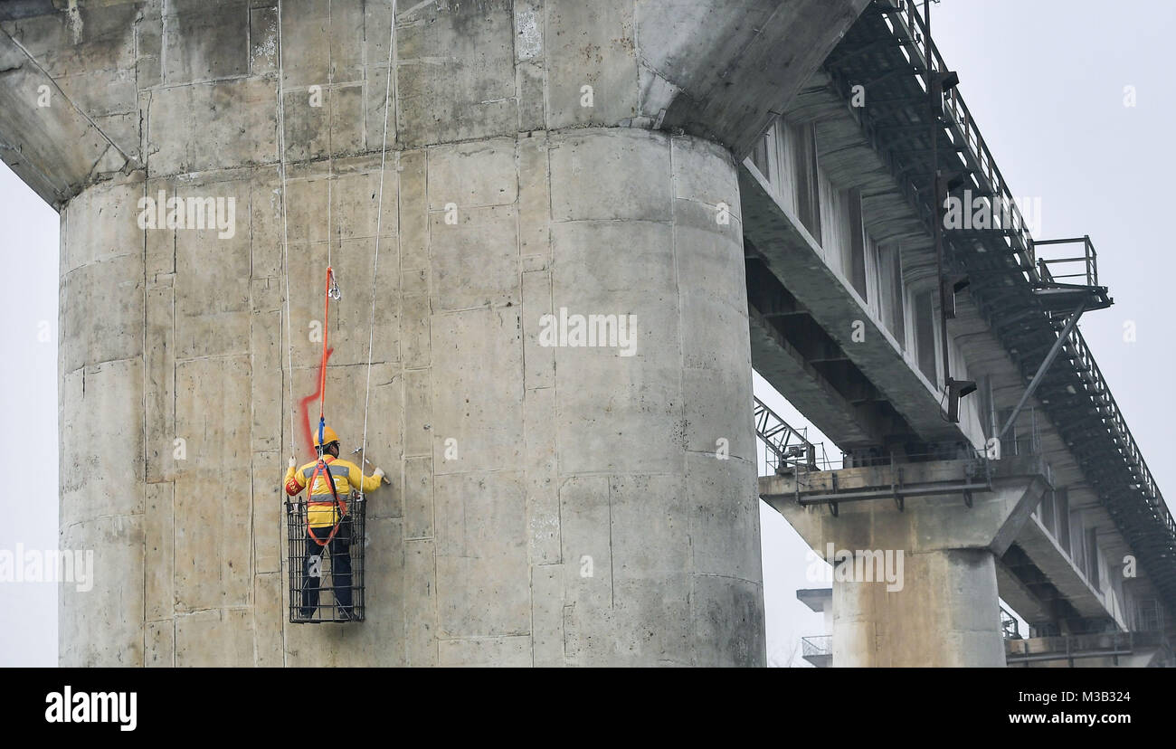 Nanchong, China's Sichuan Province. 8th Feb, 2018. A bridge maintenance ...