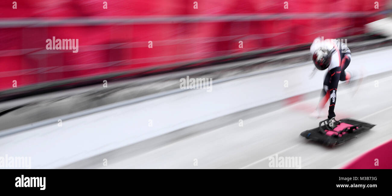 Pyeongchang, South Korea. 5th Feb, 2018. A skeleton athlete in action ...