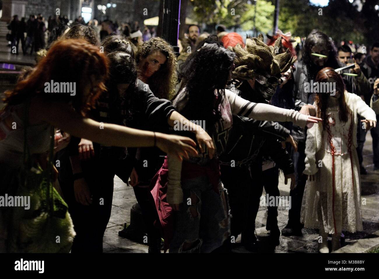 Athens, Greece. 10th Feb, 2018. Participants seen acting as zombie ...
