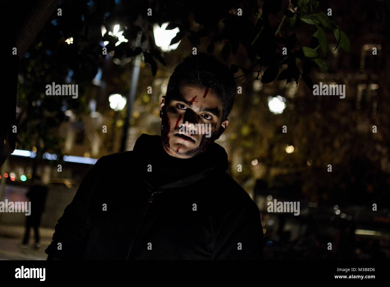 Athens, Greece. 10th Feb, 2018. A man seen wearing horror costume pose ...