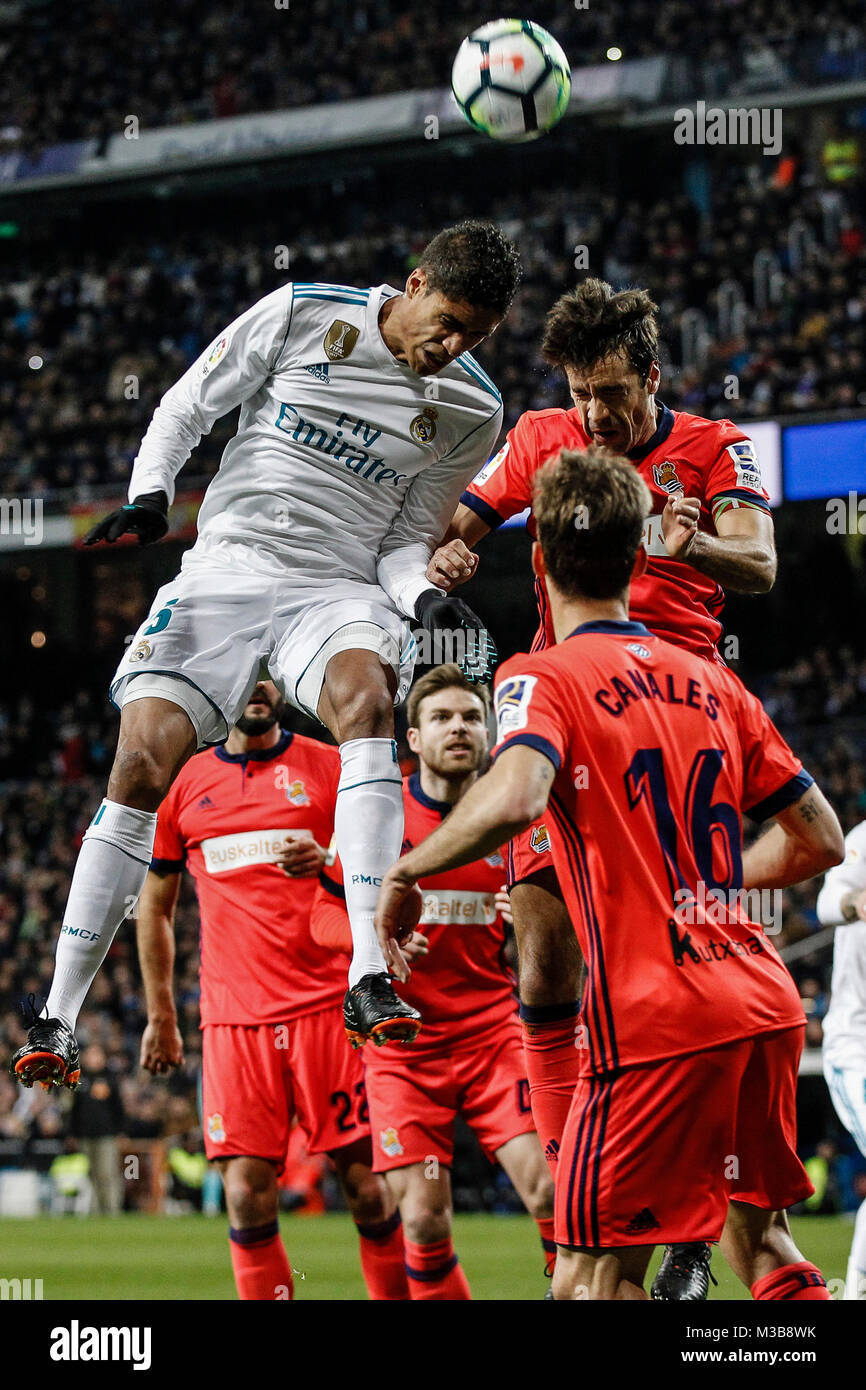 Raphael Varane (Real Madrid) fights for the header with La Liga match ...