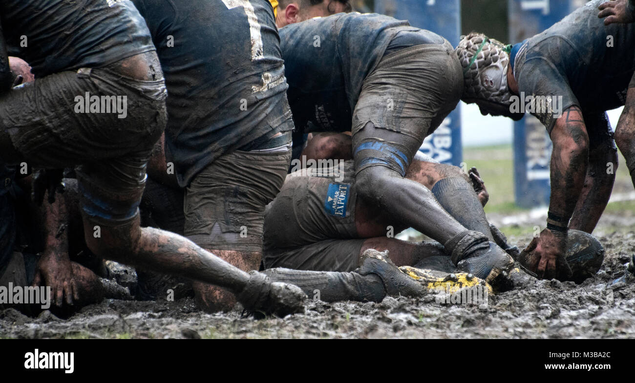 Oviedo, Spain. 10th February 2018. Players in action on the mud during ...
