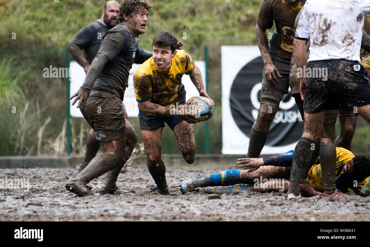 Oviedo, Spain. 10th February 2018. Players in action on the mud during ...