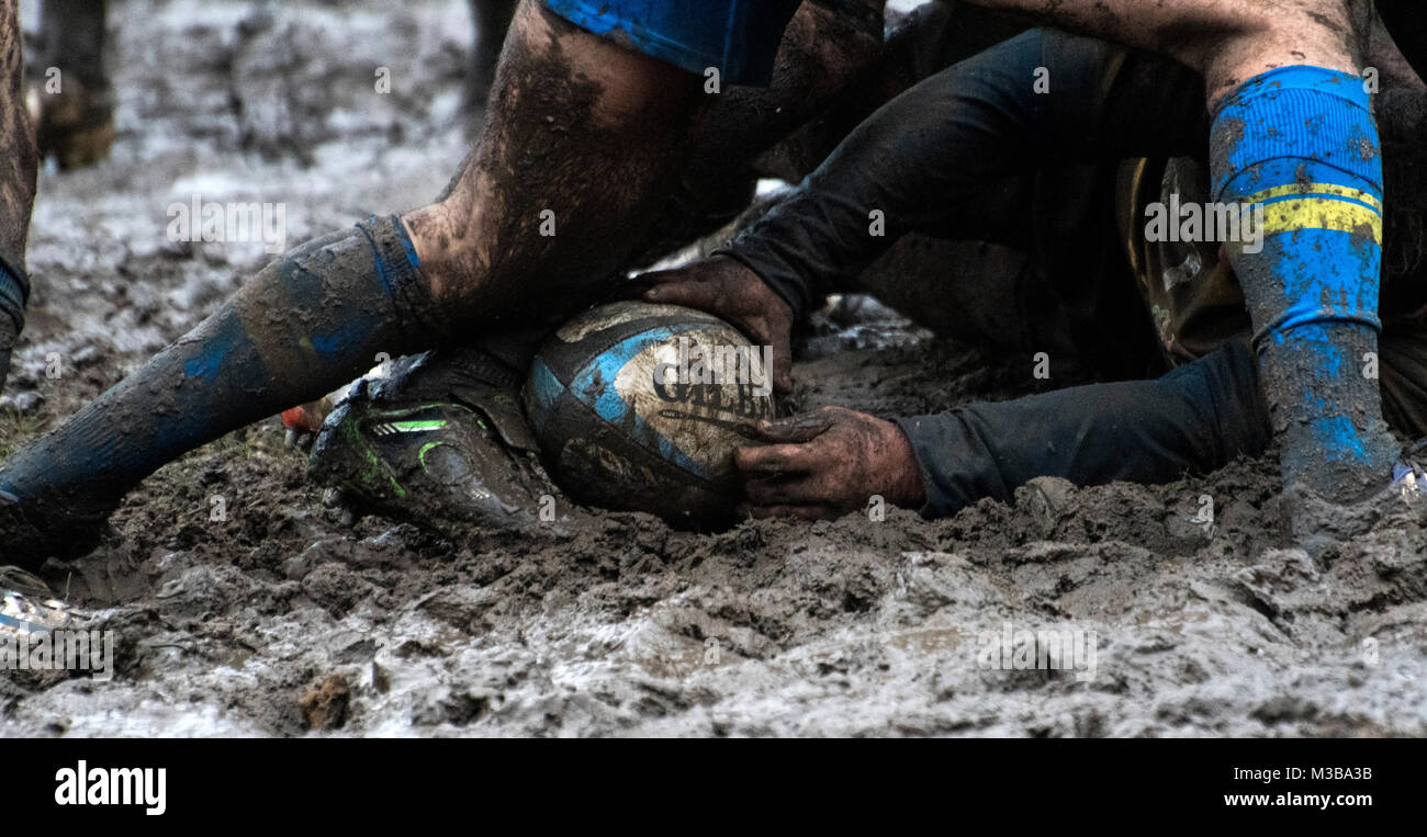 Oviedo, Spain. 10th February 2018. Players in action on the mud during ...