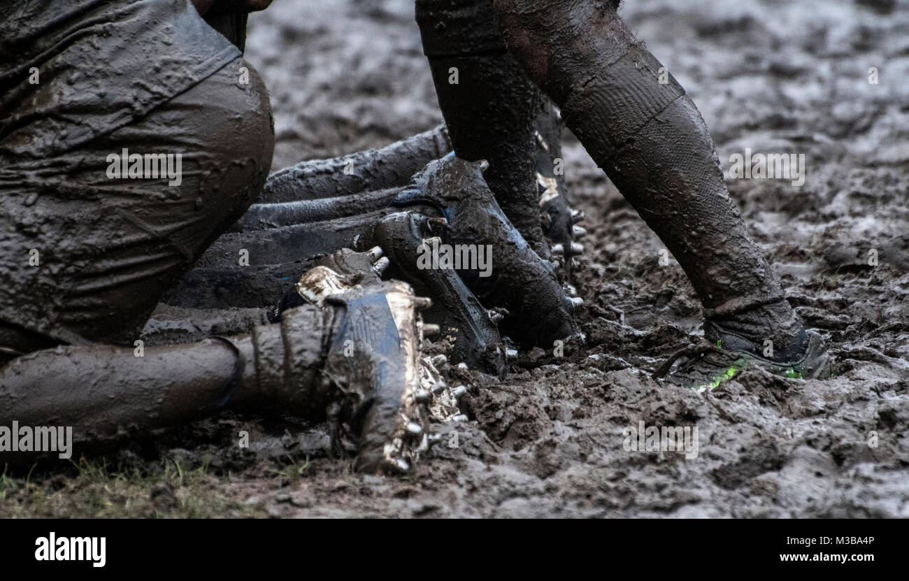 Oviedo, Spain. 10th February 2018. Players in action on the mud during ...
