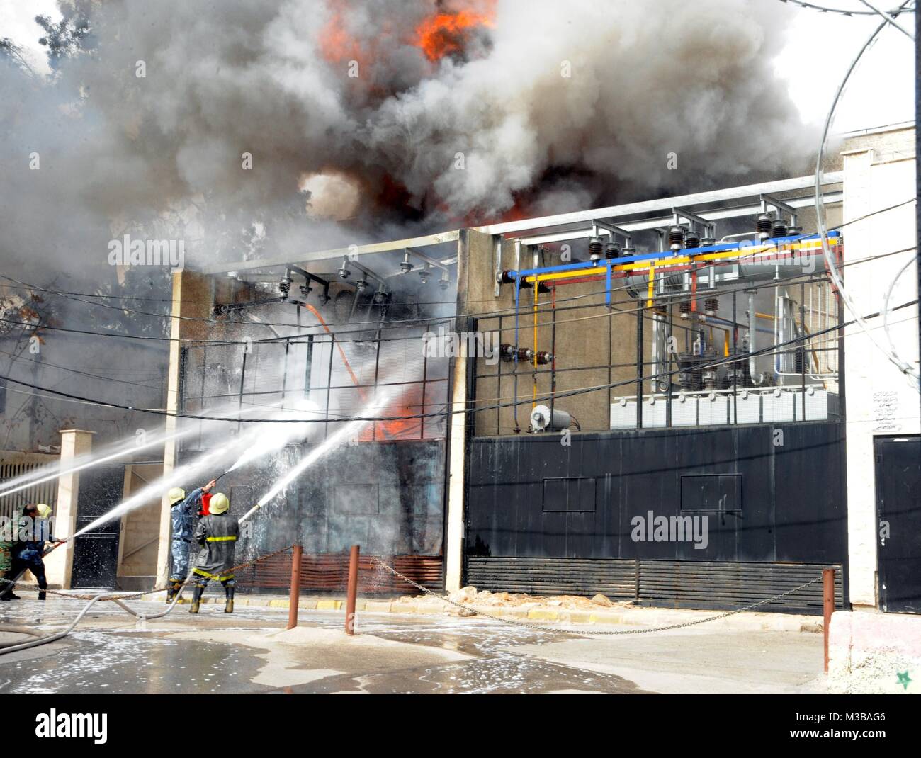 Damascus, Syria. 10th Feb, 2018. Firefighters extinguish fire after a ...
