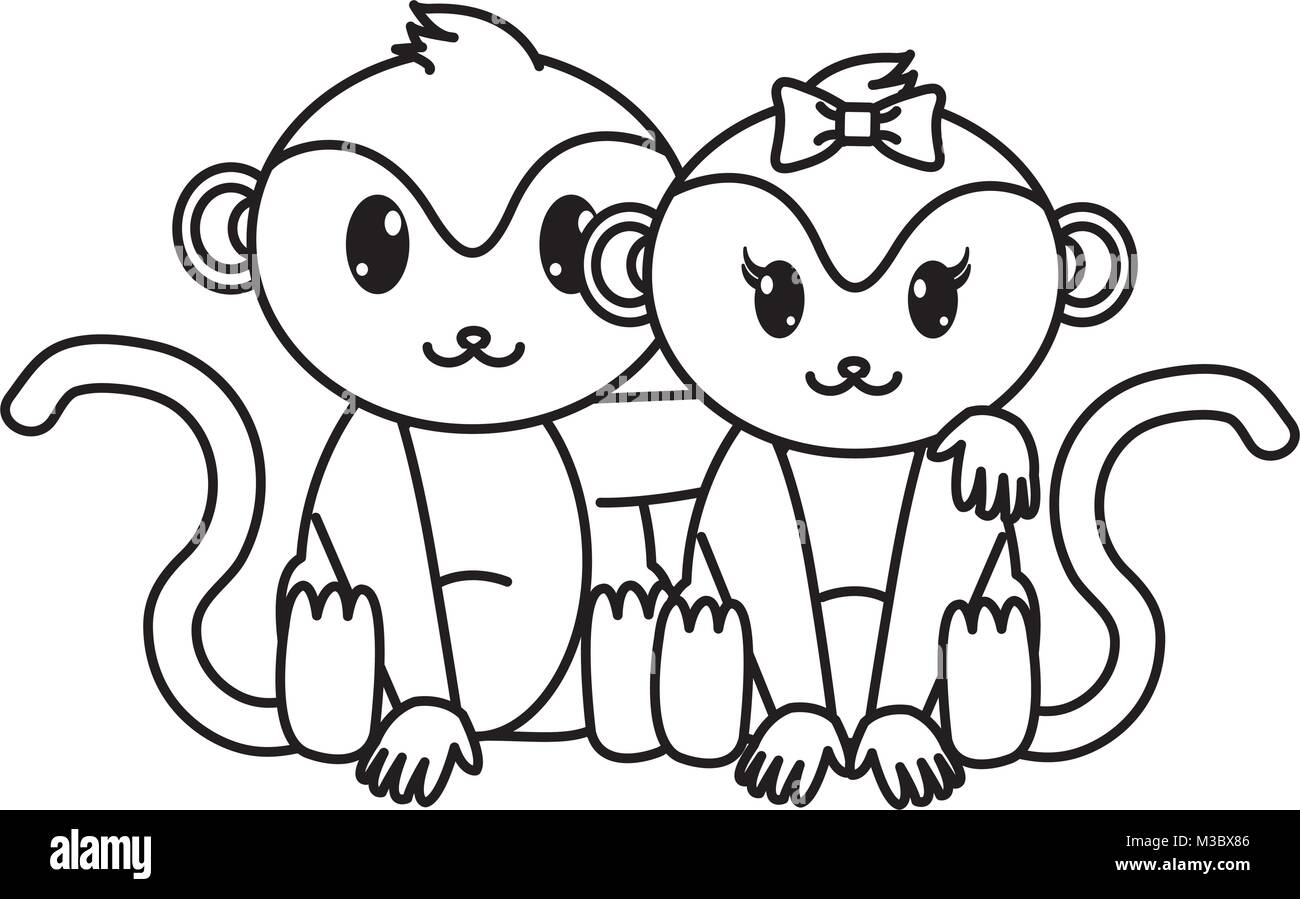 line monkey couple cute animal together Stock Vector Image & Art - Alamy