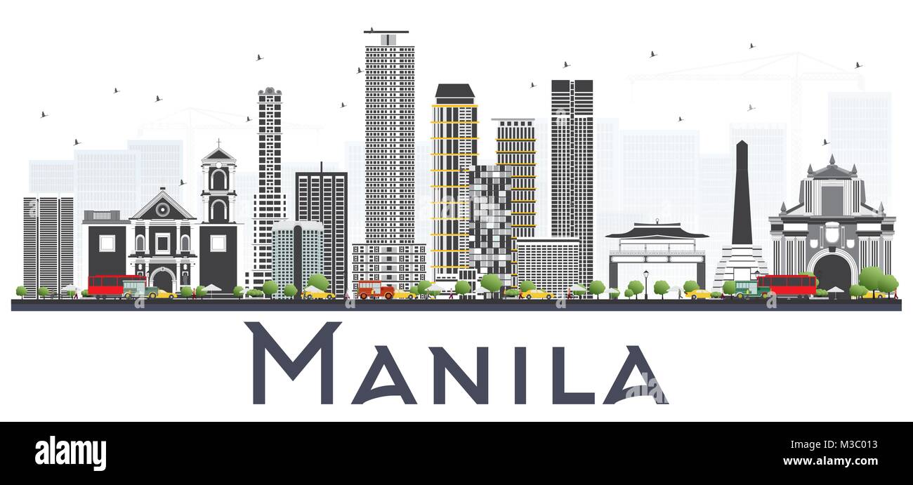 Manila Philippines City Skyline with Gray Buildings Isolated on White ...