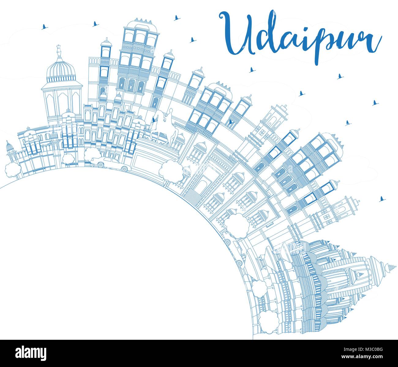 Outline Udaipur India City Skyline with Blue Buildings and Copy Space ...