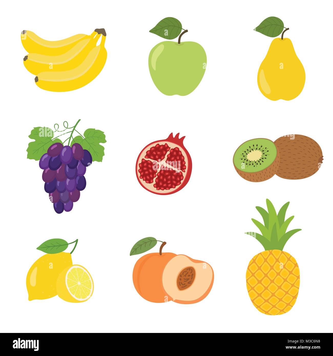Set of colorful cartoon fruit icons apple, pear, peach, banana, grapes ...