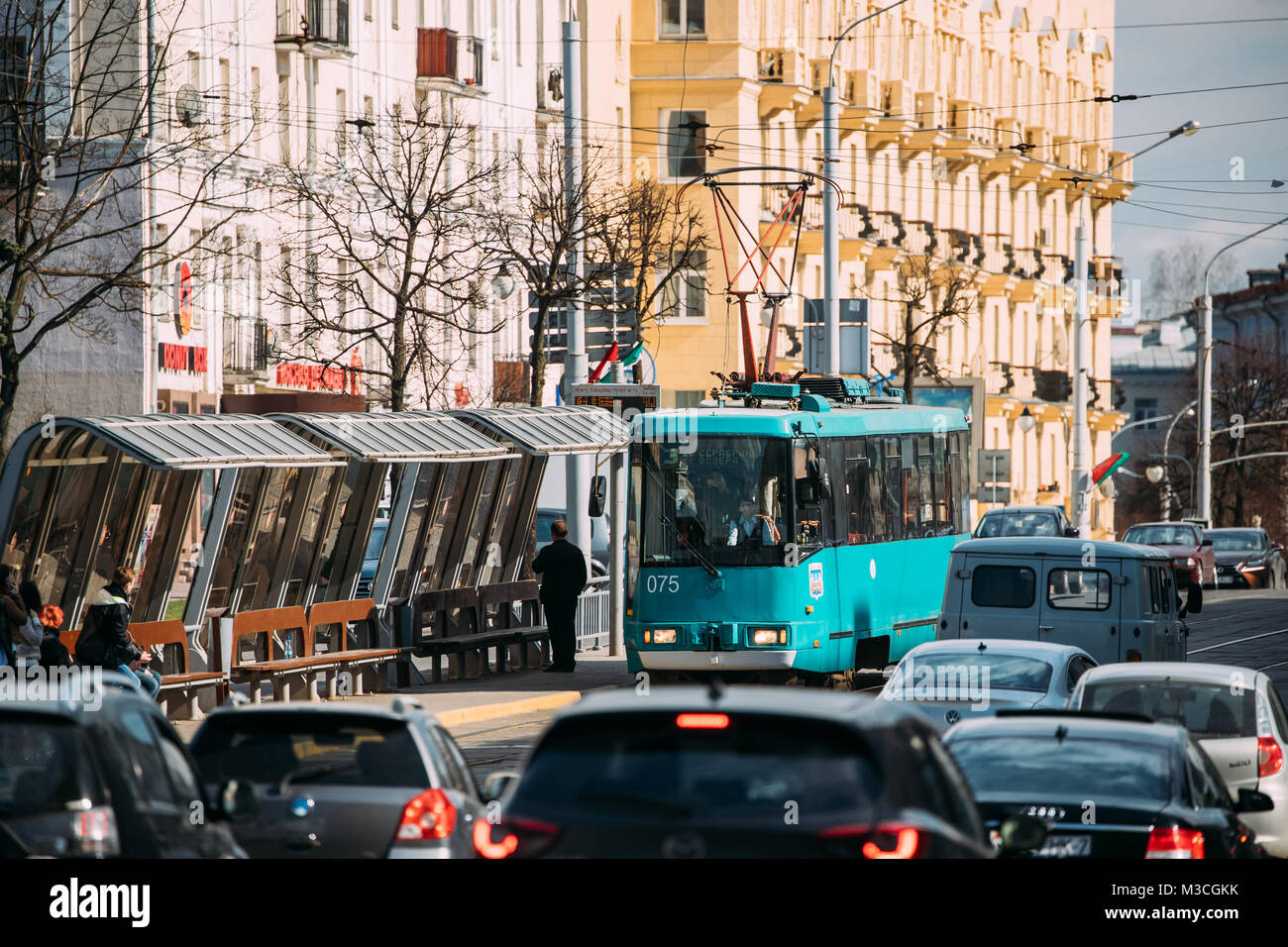 Minsk, Belarus. View Of Public Modern Blue Tram Of Route Number Three ...