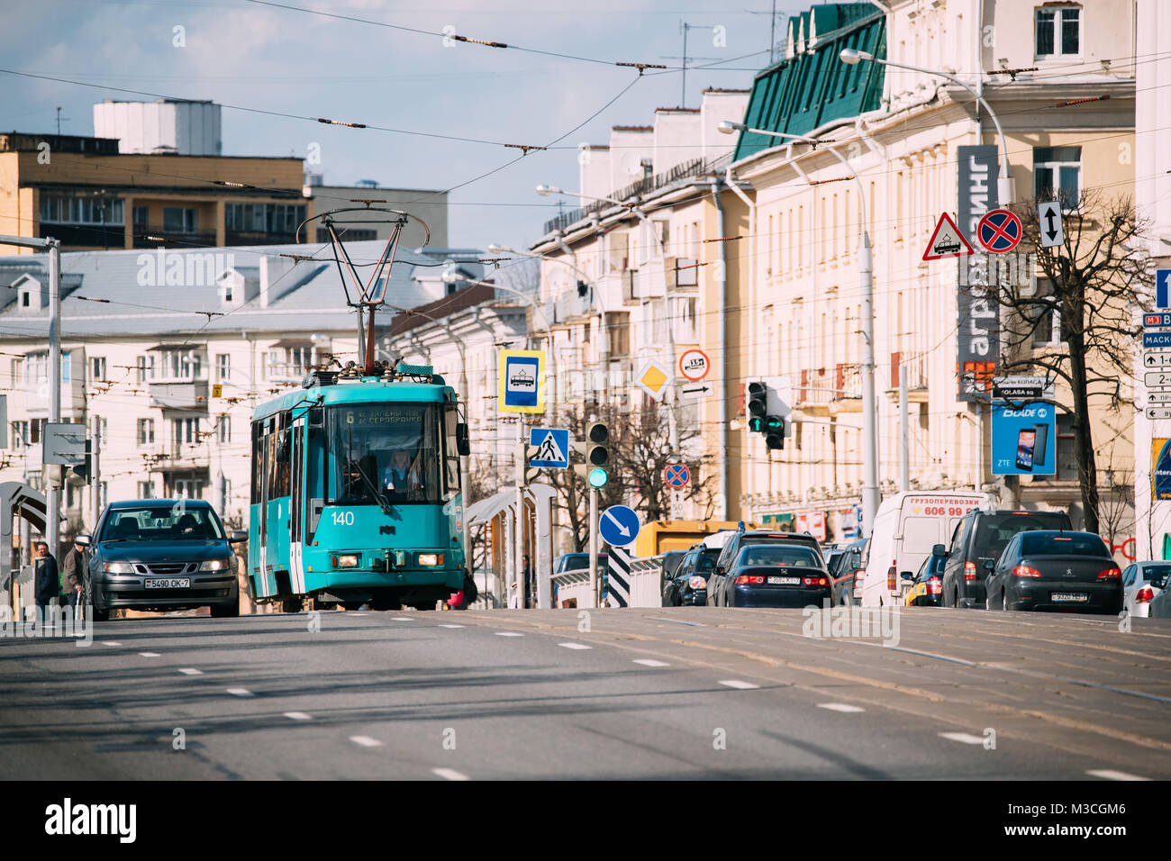 Minsk, Belarus. View Of Public Modern Blue Tram Of Route Number Six ...