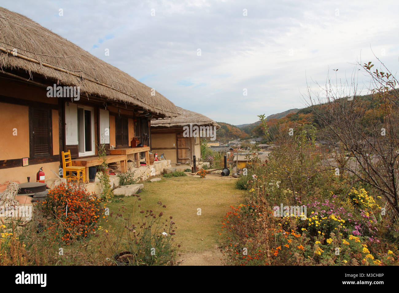Front yard of traditional Korean cottage with the garden at Gyeongju ...