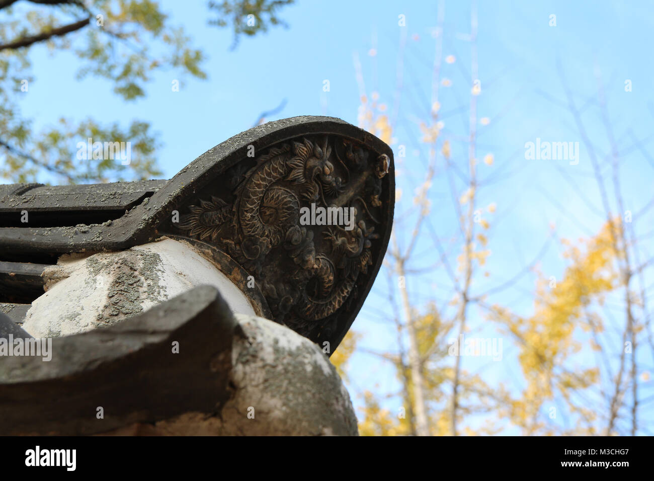 Traditional Korean ceramic roof tile with dragon image in sunny day at ...