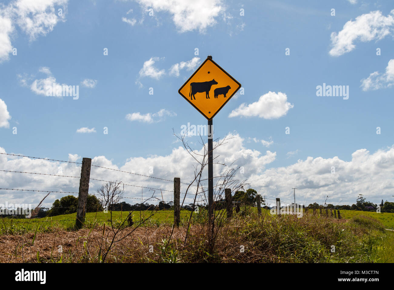Australian countryside. Livestock warning road sign near the property ...