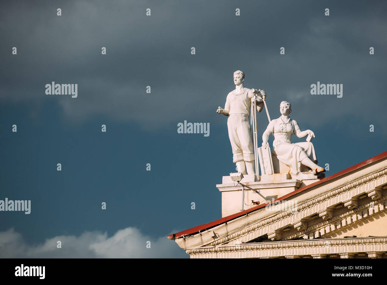 Minsk, Belarus. Close View Of Statue On Roof Of Culture House Of Trade ...