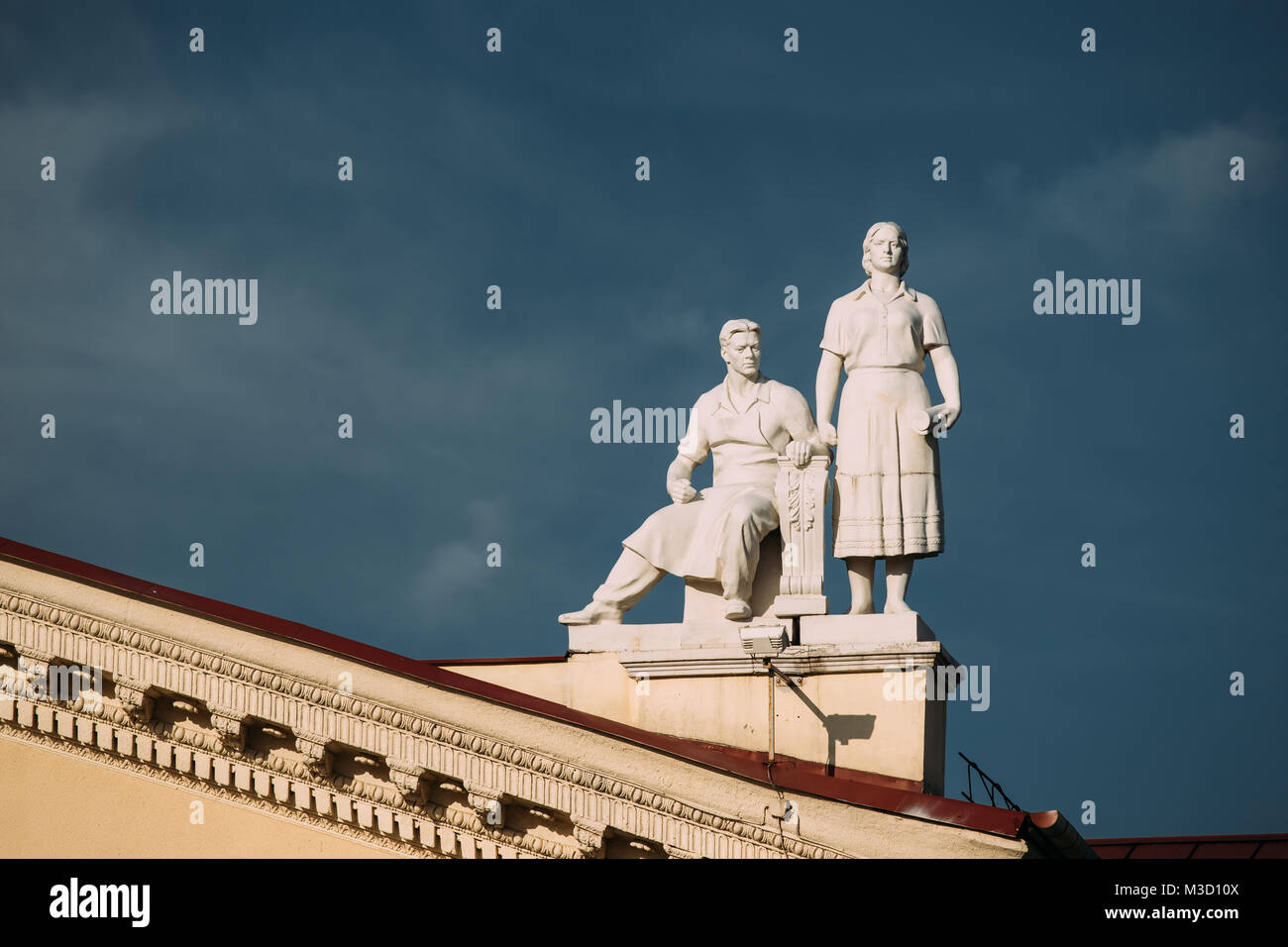 Minsk, Belarus. Close View Of Statue On Roof Of Culture House Of Trade ...