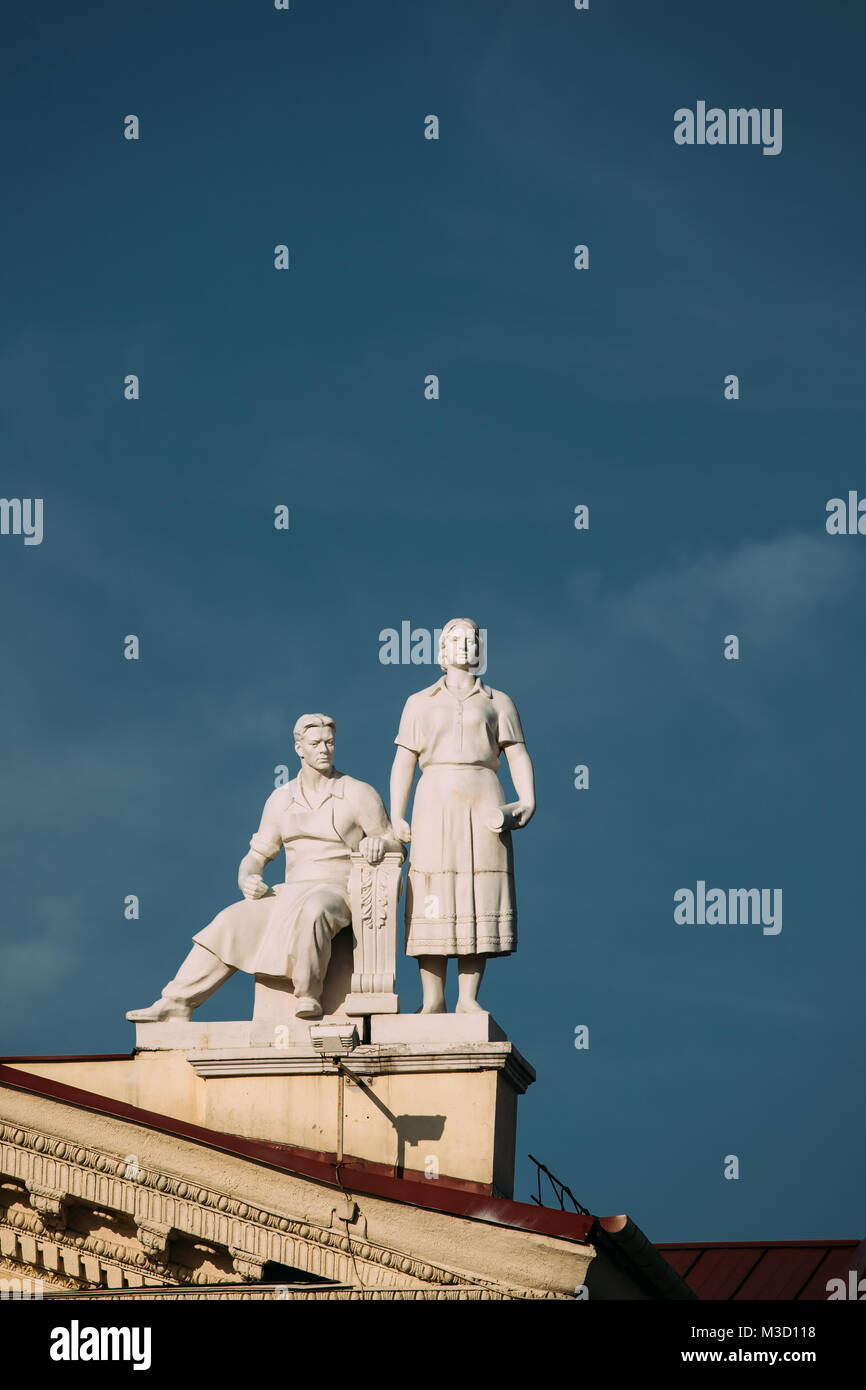 Minsk, Belarus. Close View Of Statue On Roof Of Culture House Of Trade ...