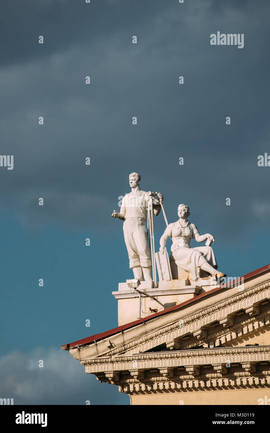 Minsk, Belarus. Close View Of Statue On Roof Of Culture House Of Trade ...