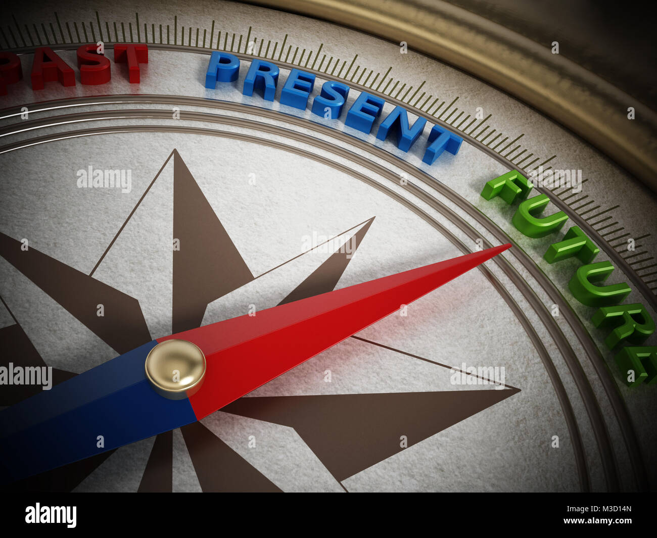 Compass needle pointing future among past and present. 3D illustration ...