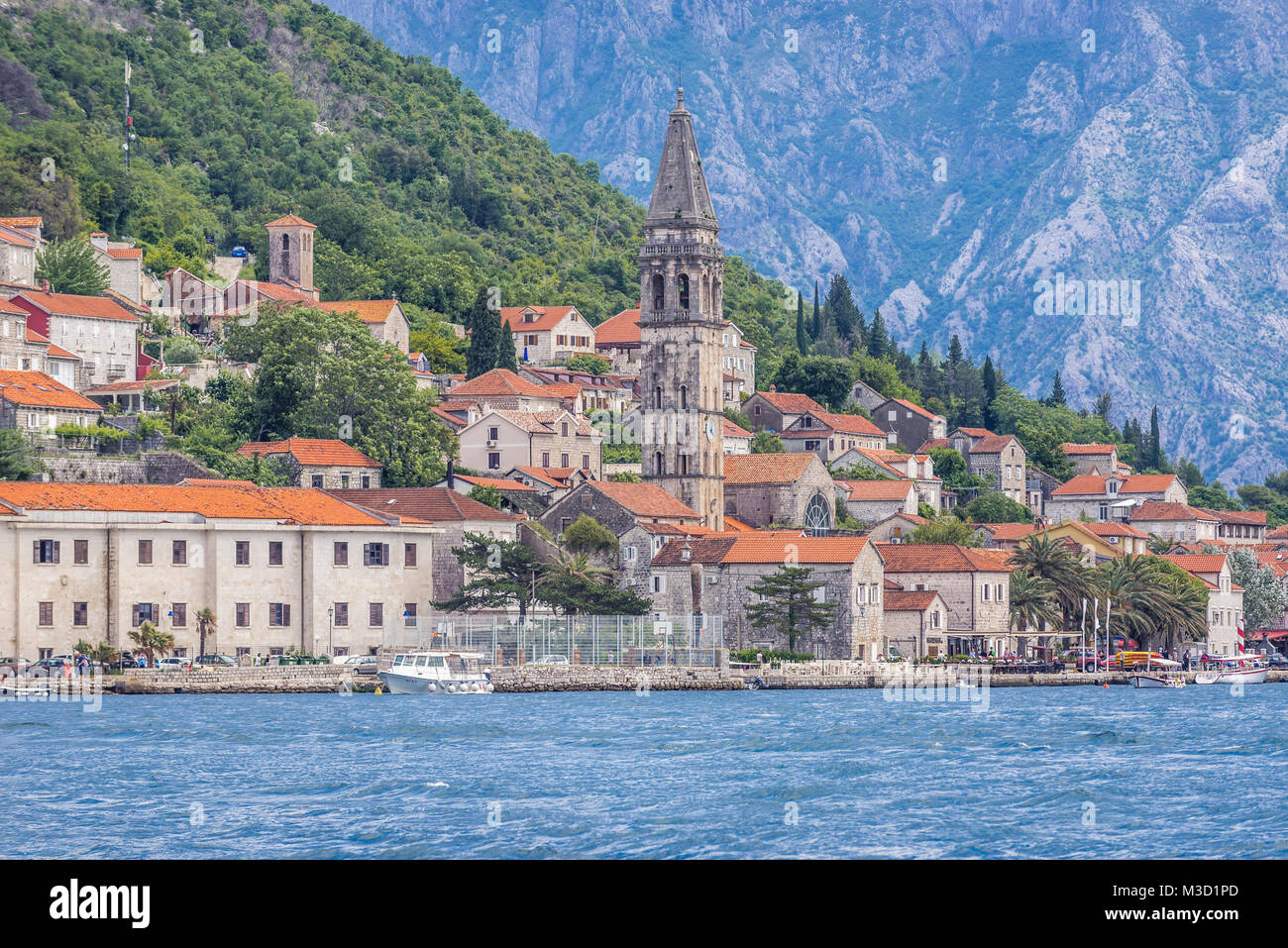 Perast historical town with tower of Saint Nicholas church seen from ...