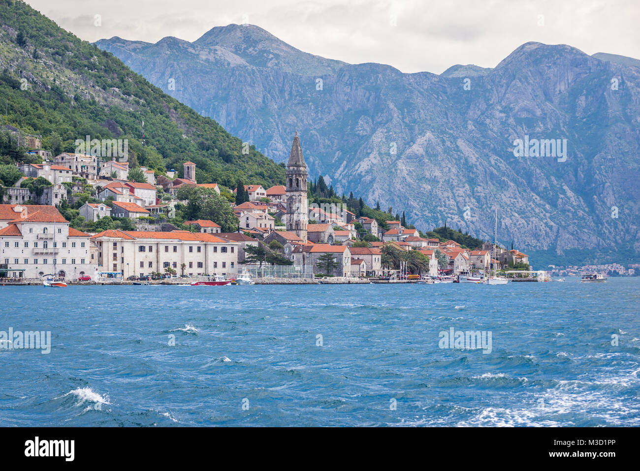 Perast historical town with tower of Saint Nicholas church seen from ...