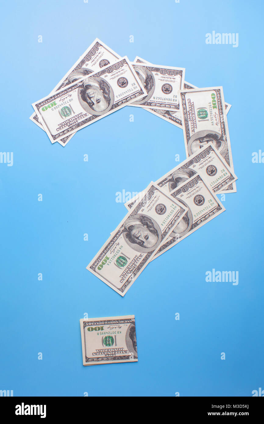 dollar in a form of question mark on blue background Stock Photo - Alamy